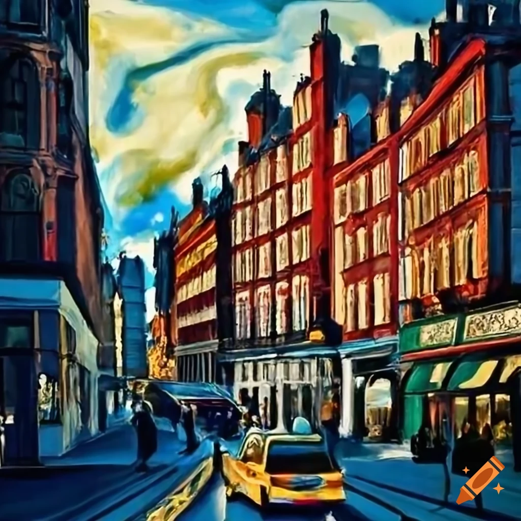 Artistic depiction of a busy street in london on Craiyon