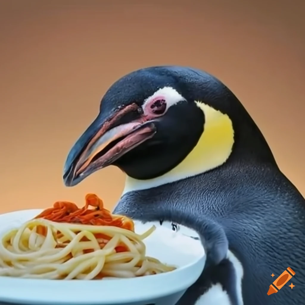 Penguin enjoying a bowl of spaghetti