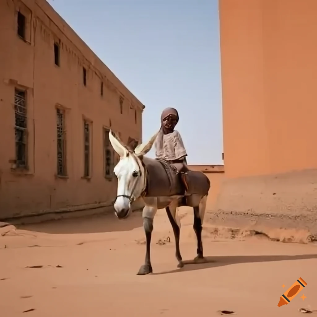African girl riding a mule in a desert river near a prison building on ...