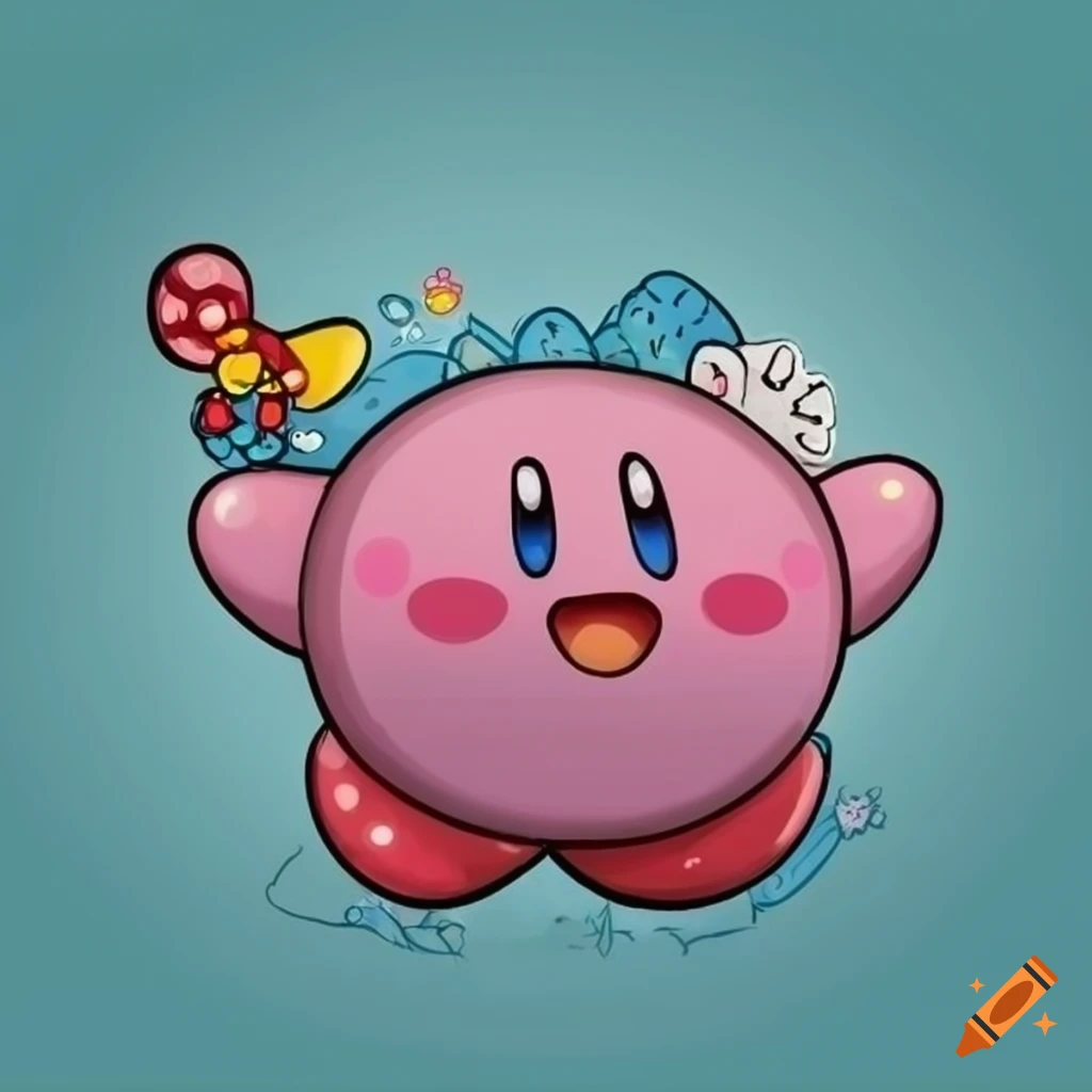 Colorful illustration of kirby and hello kitty