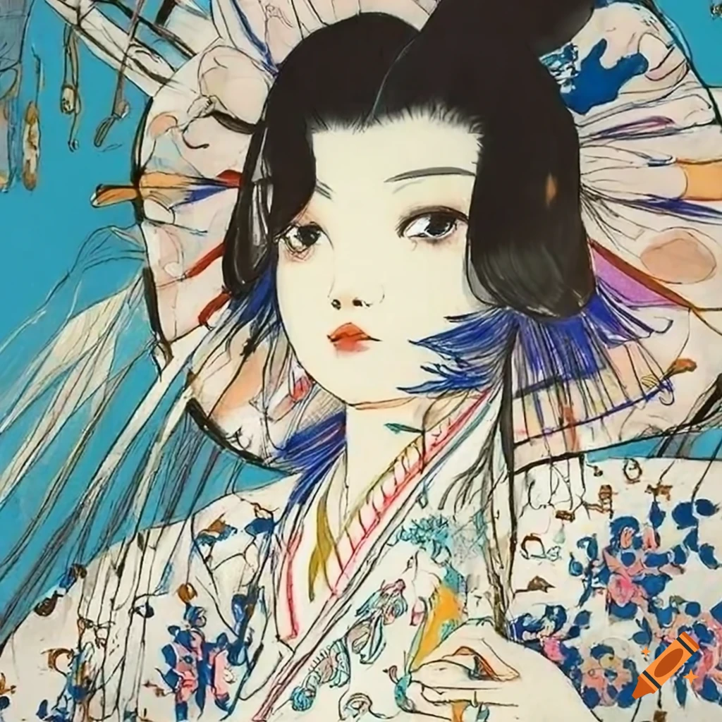 Colorful manga illustration of a Japanese woman on Craiyon