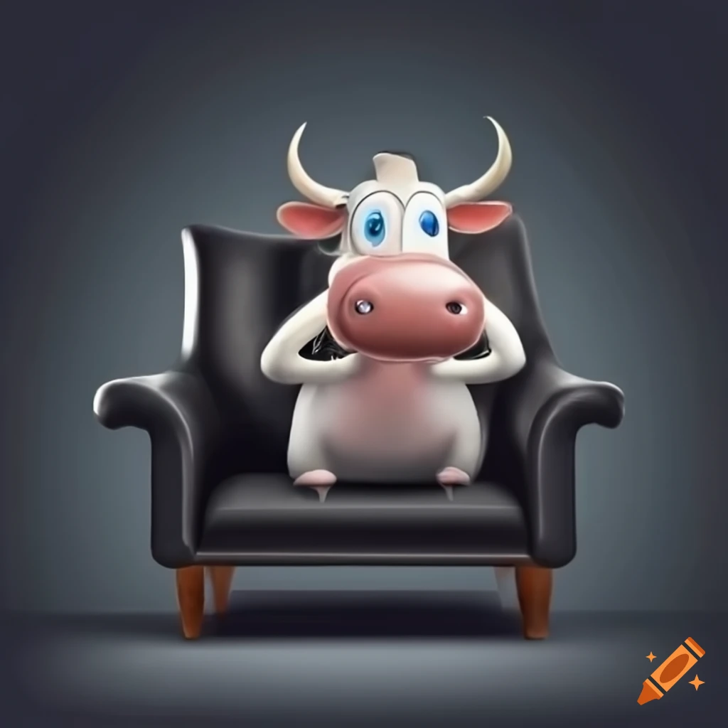 Cartoon cow talking to a therapist on a black leather couch on Craiyon