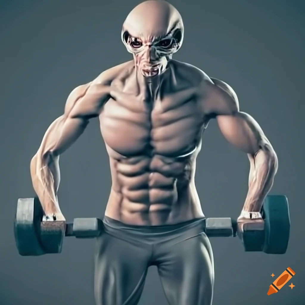Muscular alien lifting weights in the gym