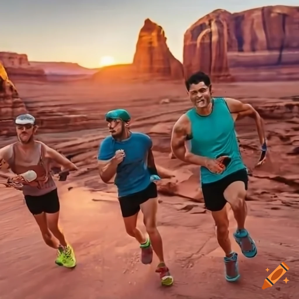 Three male friends trail running in moab, utah on Craiyon