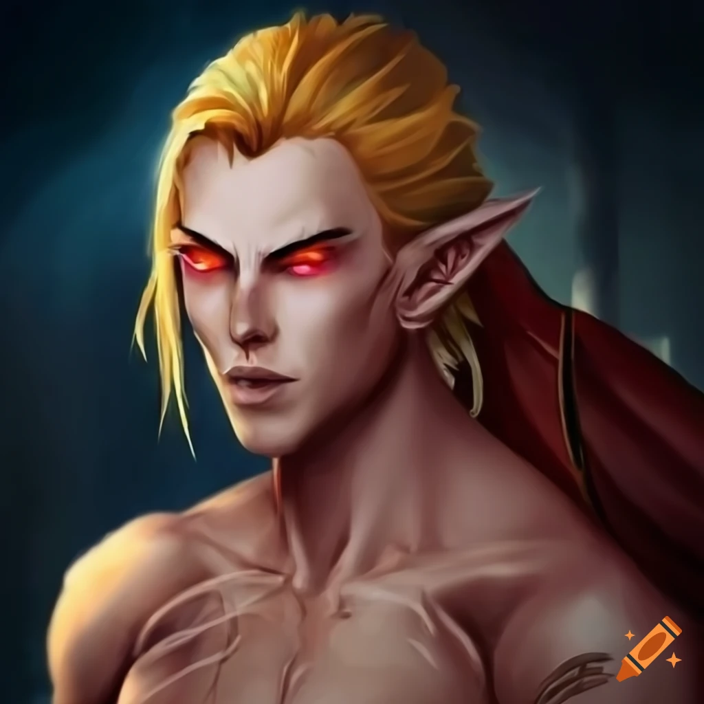 Artwork of a muscular male elf monk with draconic eye scales on Craiyon