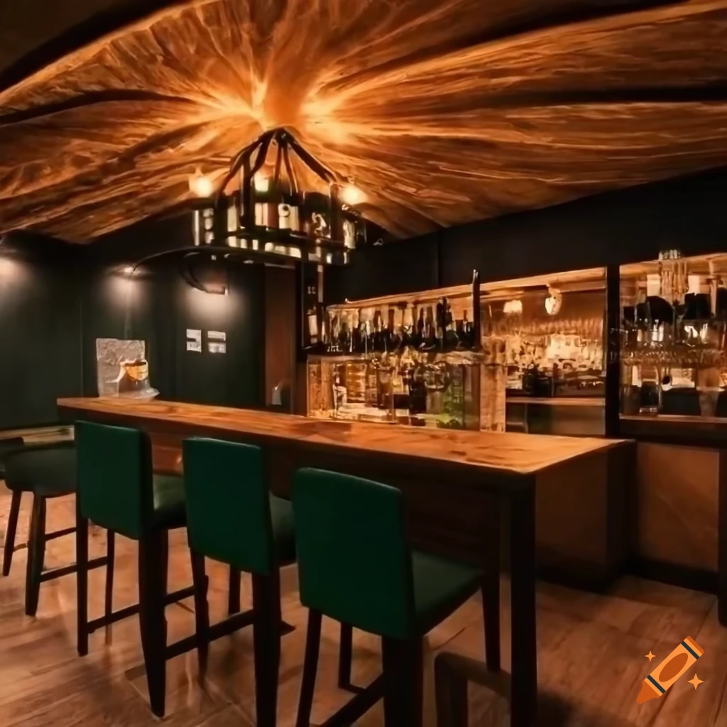 Cozy bar with wooden furniture and dimmed lights on Craiyon