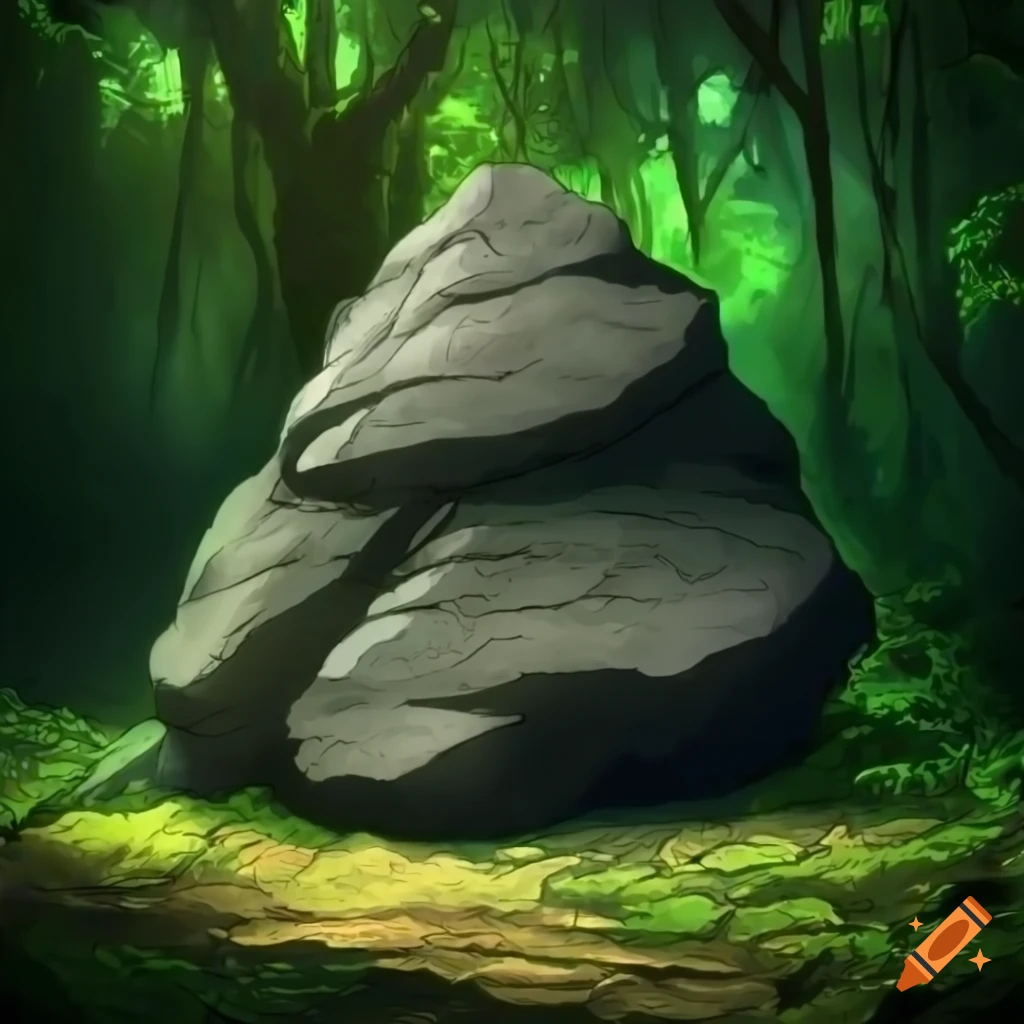 Manga style depiction of a shiny gray rock in a rainforest