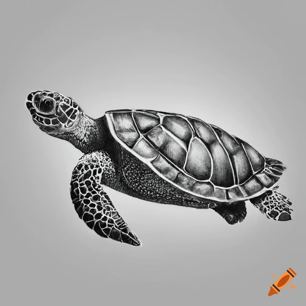 Detailed pencil drawing of a sea turtle