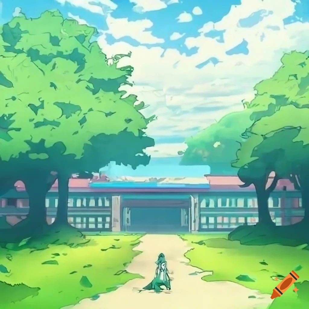 Illustration of an anime-style school grounds on Craiyon