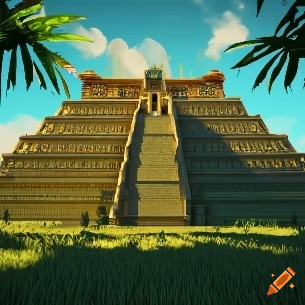 3d rendering of a golden aztec temple in the jungle