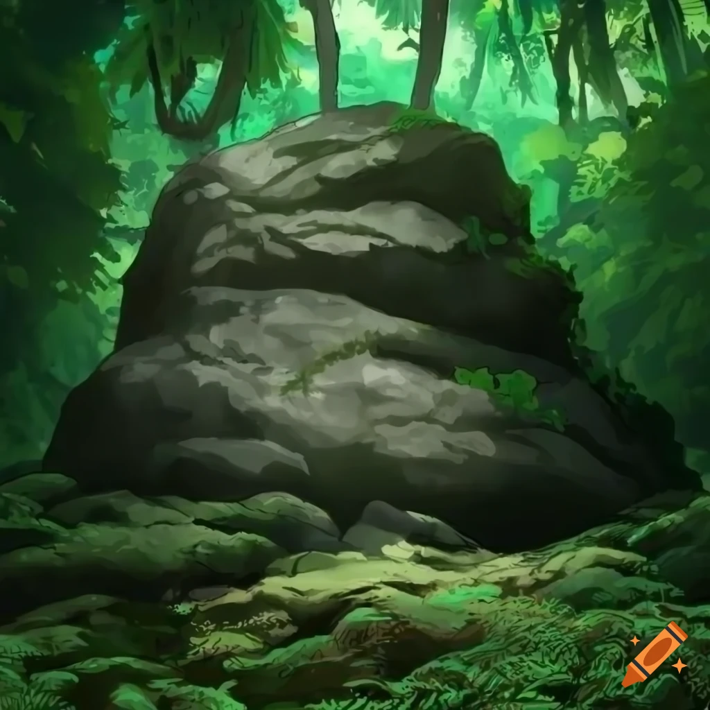 Manga-style rendering of a large gray rock in a sunny rainforest