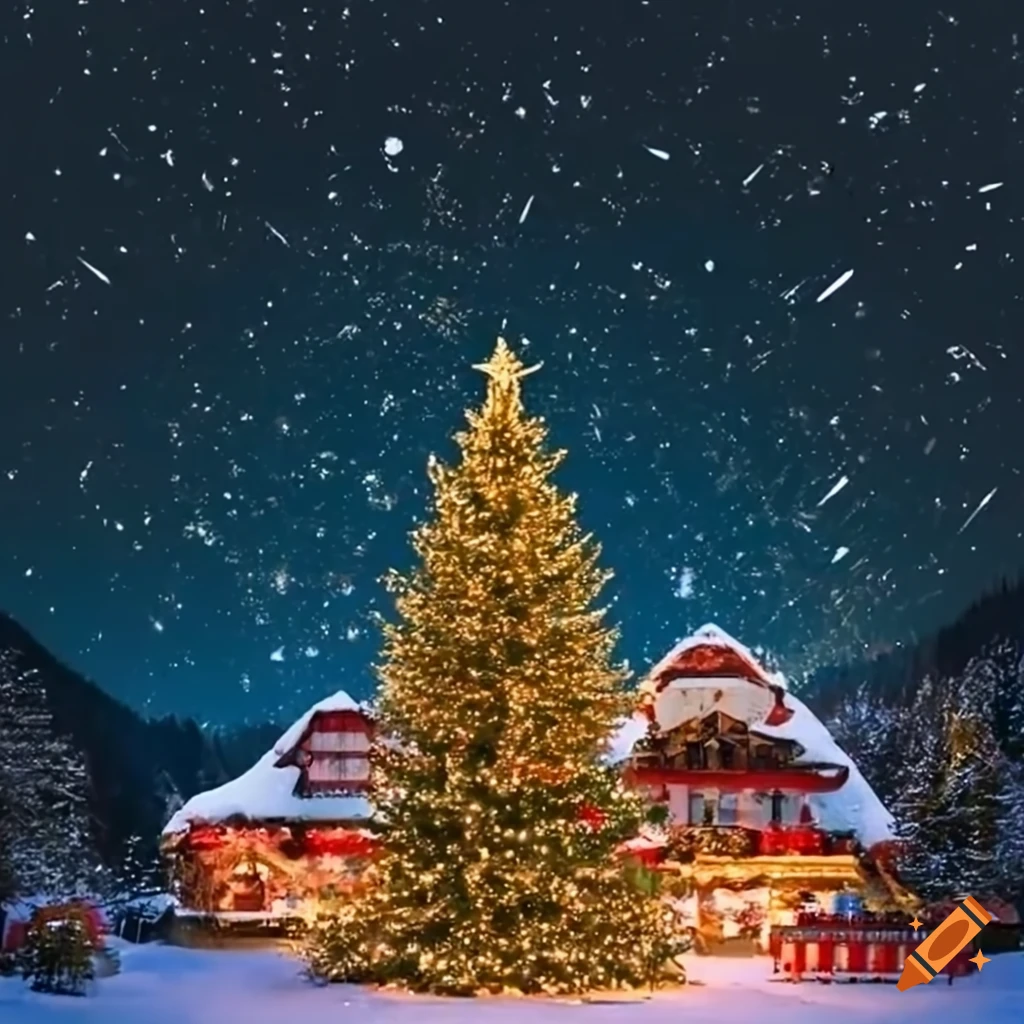 Nighttime German Christmas market with snow and decorated tree on Craiyon