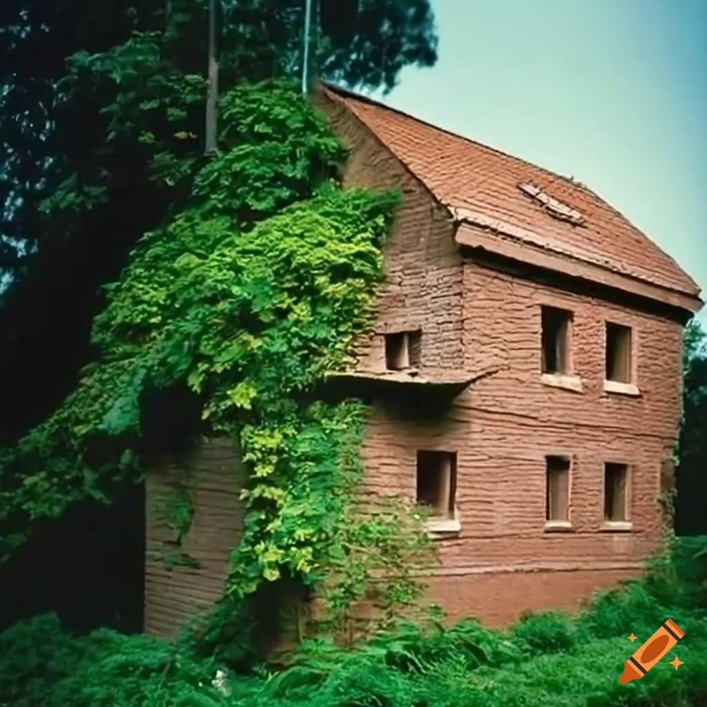 Overgrown brick house in a field surrounded by trees
