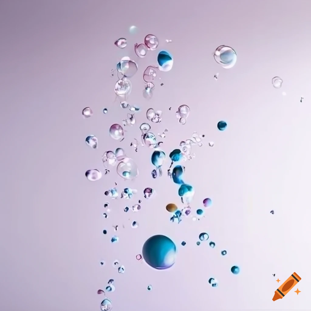 Colorful floating bubbles in a white showroom on Craiyon