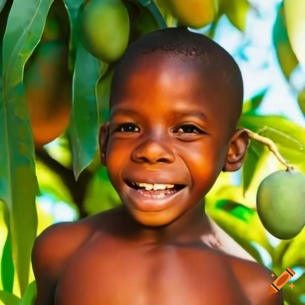 Joyful boy on a mango tree
