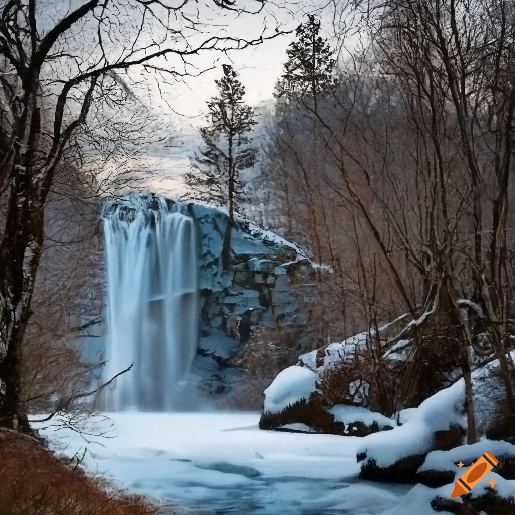 Winter landscape with a waterfall and trees on Craiyon