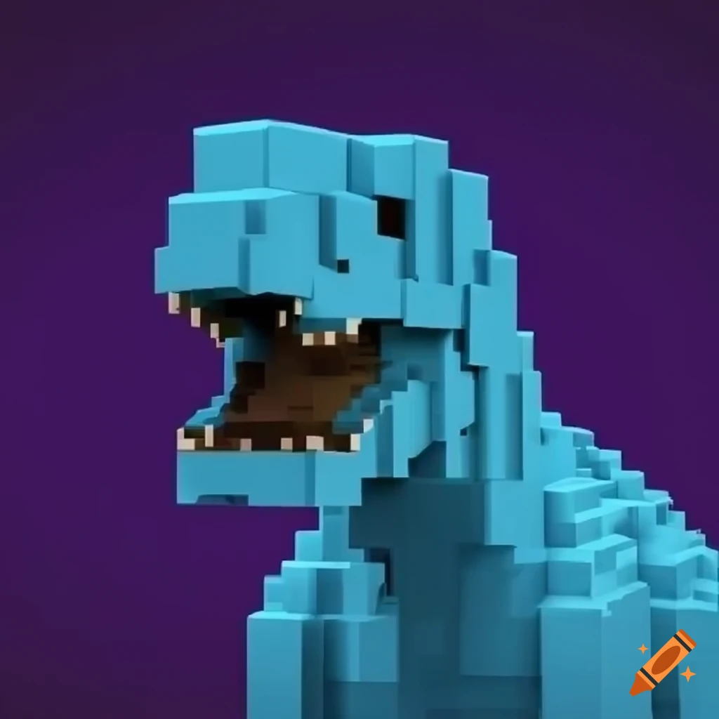 Fearful roaring blue voxel dinosaur