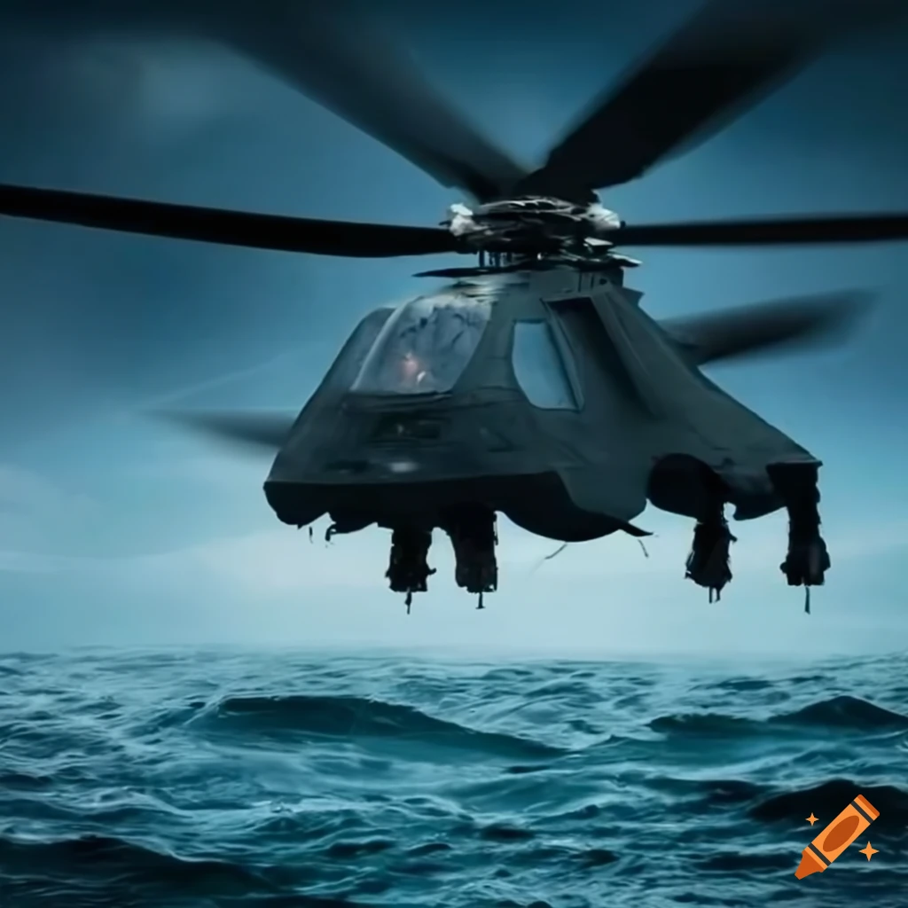 Stealth helicopter flying above stormy sea on Craiyon