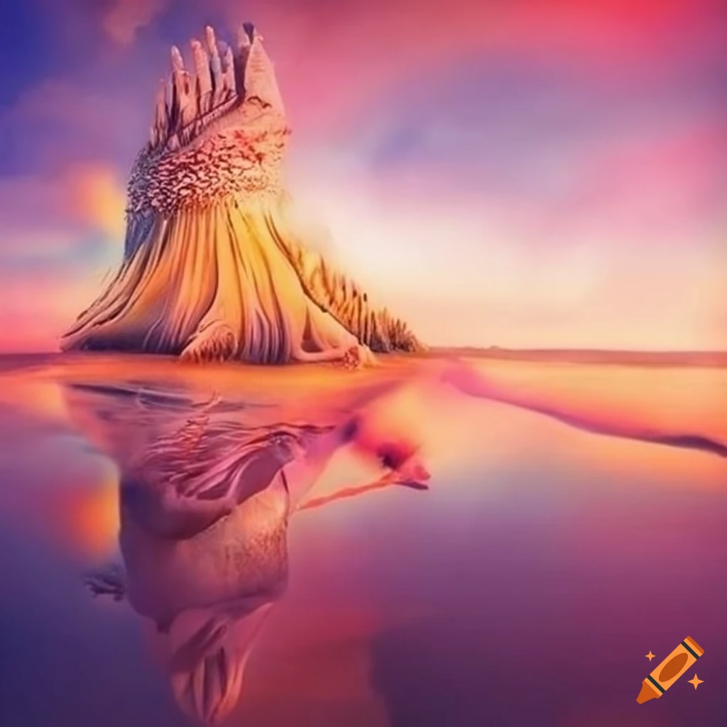 Surreal beach scene with lush hills, surreal seashells, crashing waves ...