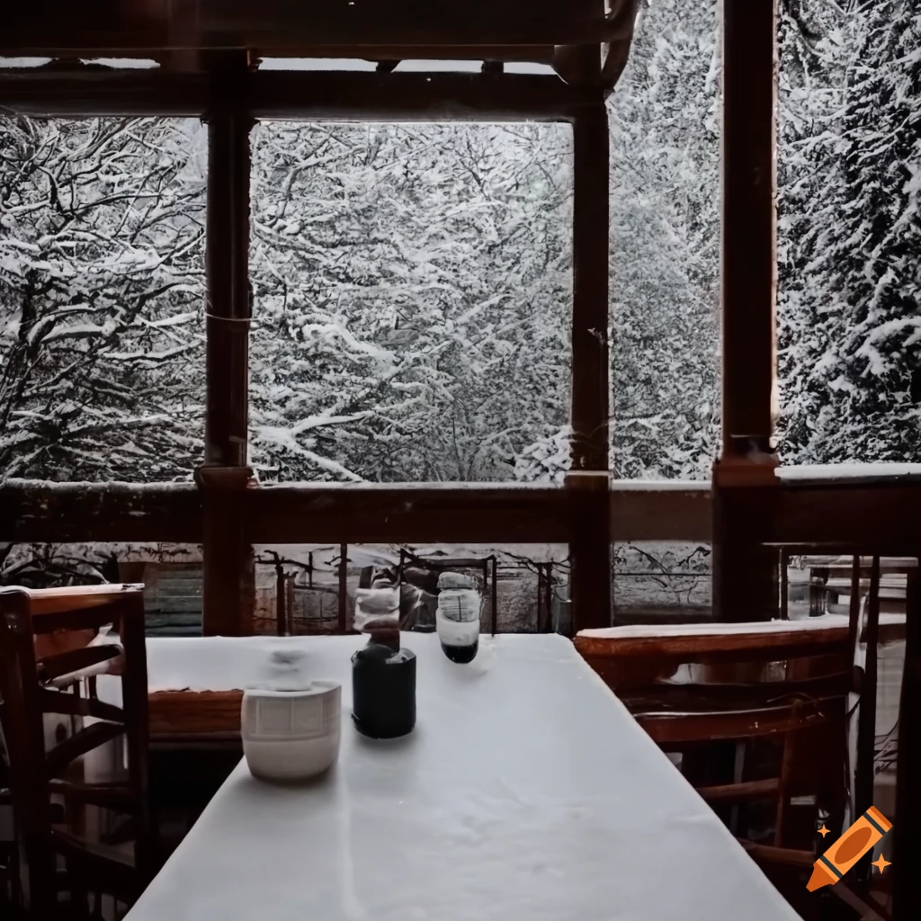 Cozy cafe during winter with snow outside on Craiyon