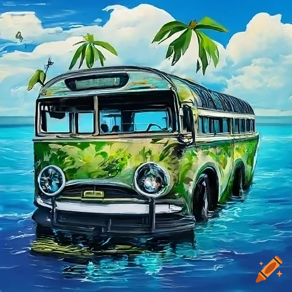 Surreal painting of a submerged bus and palm trees on Craiyon