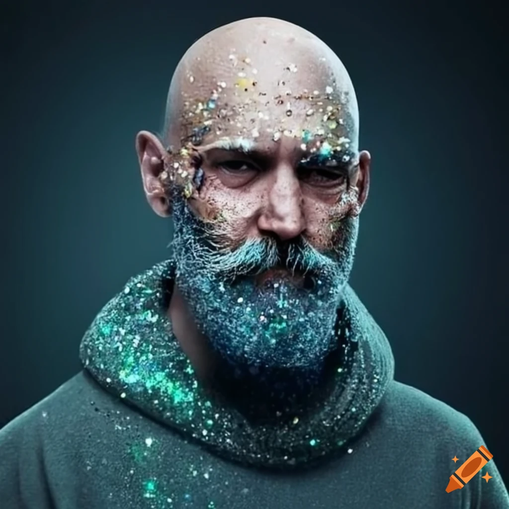 Image of a bald man covered in glitter