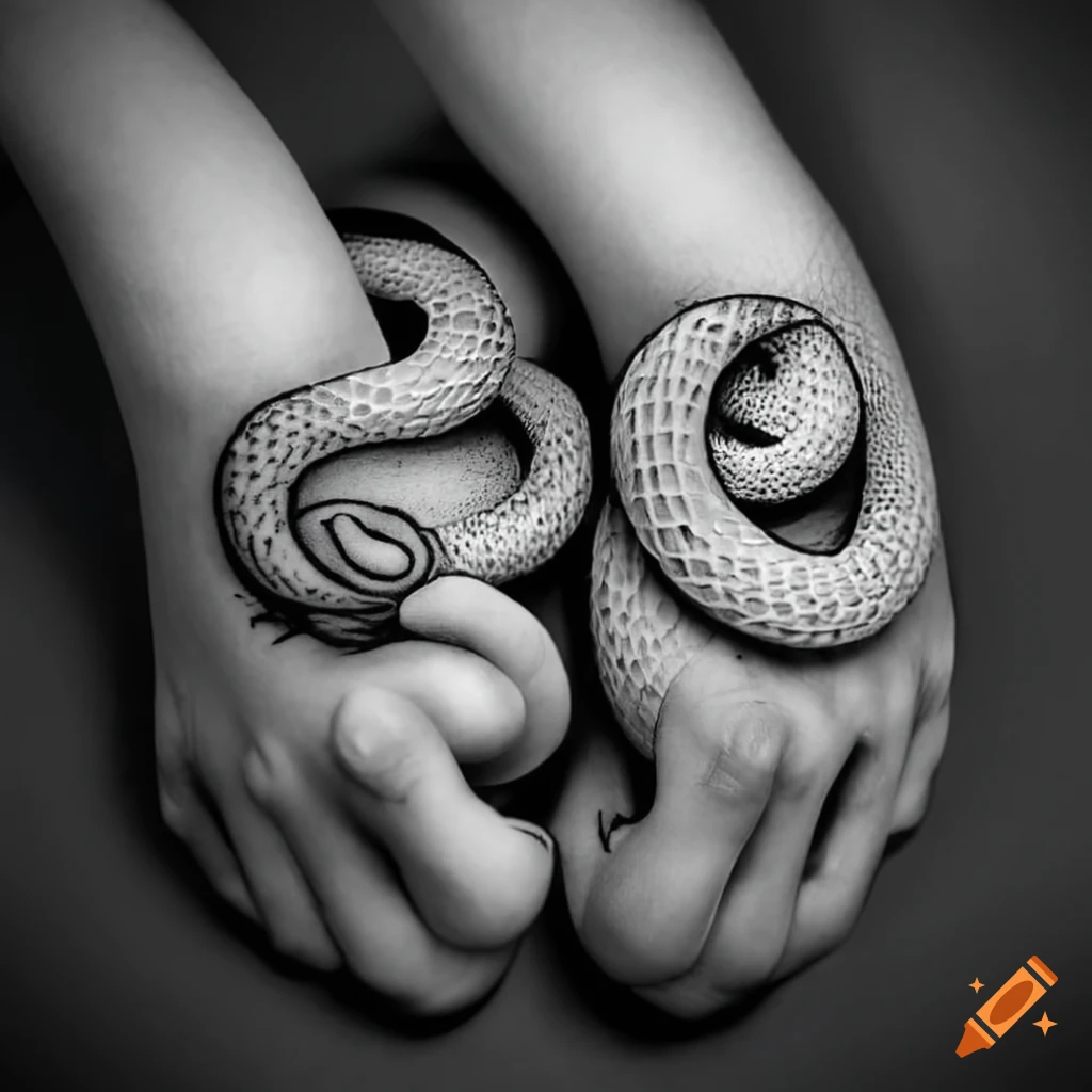 Grayscale tattoo of intertwined snakes on finger
