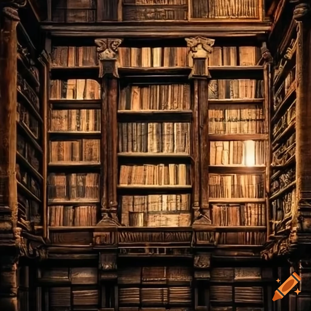 Image of a dimly lit library with ancient books