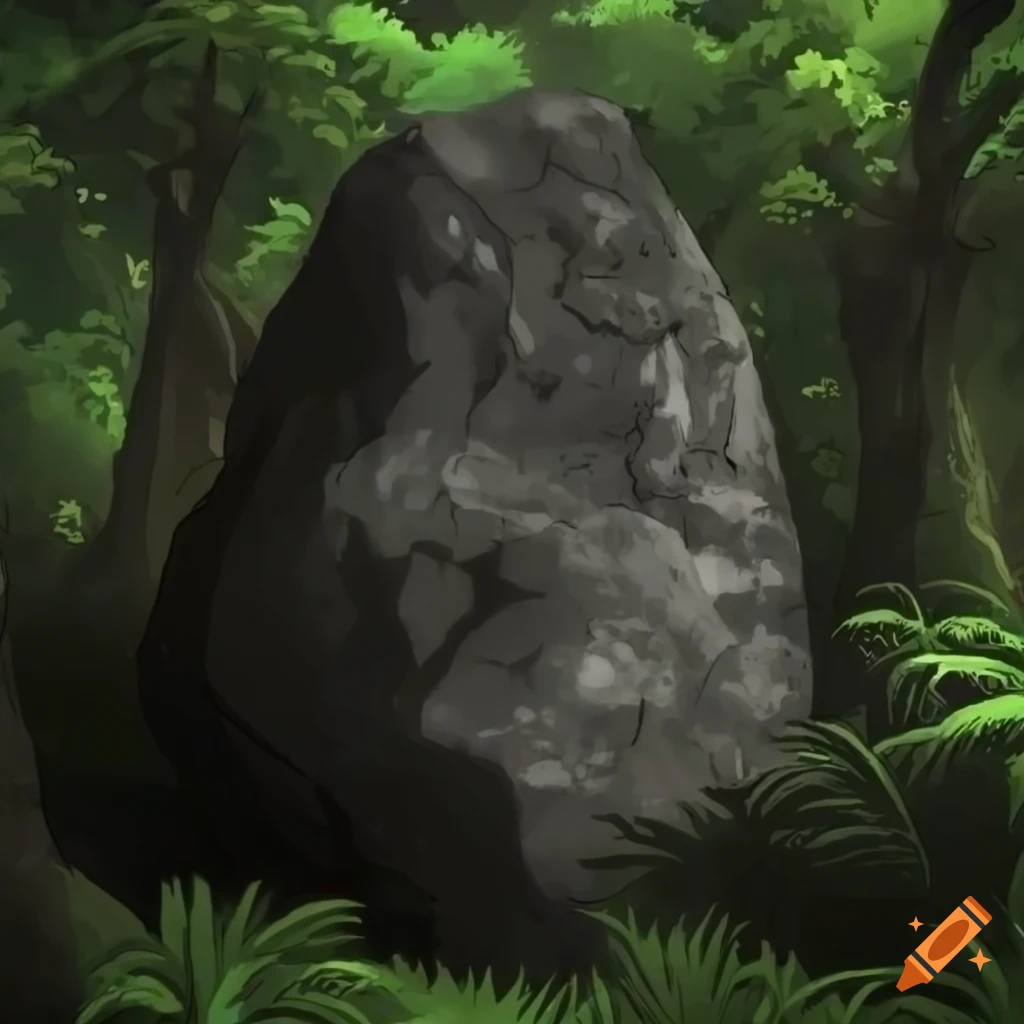 Manga style rendering of a shiny gray rock in a jungle on Craiyon