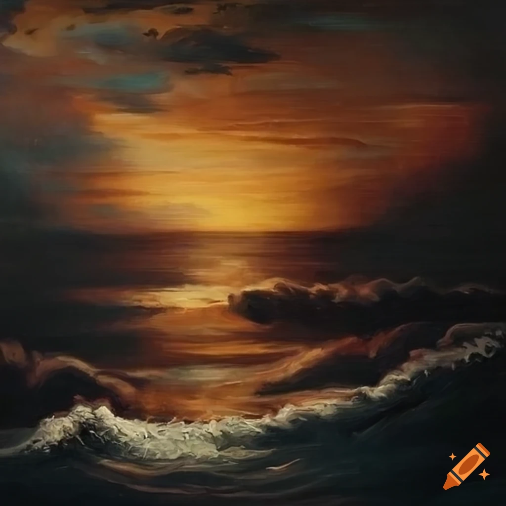 Dark vintage oil painting of a massive wave at sunset on Craiyon