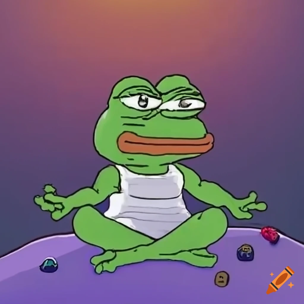 Pepe the frog meditating on a mountaintop