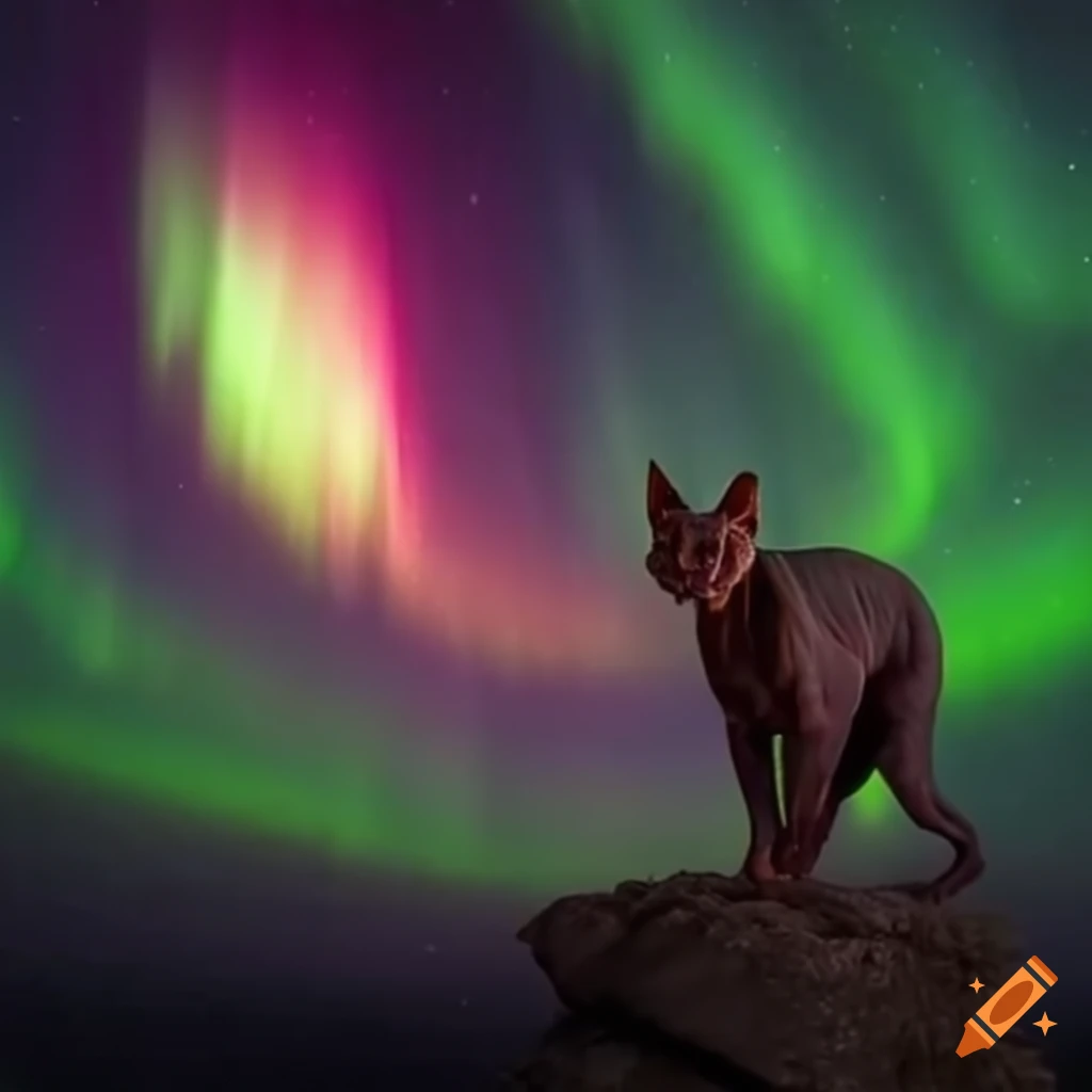 Sphinx cat in northern lights