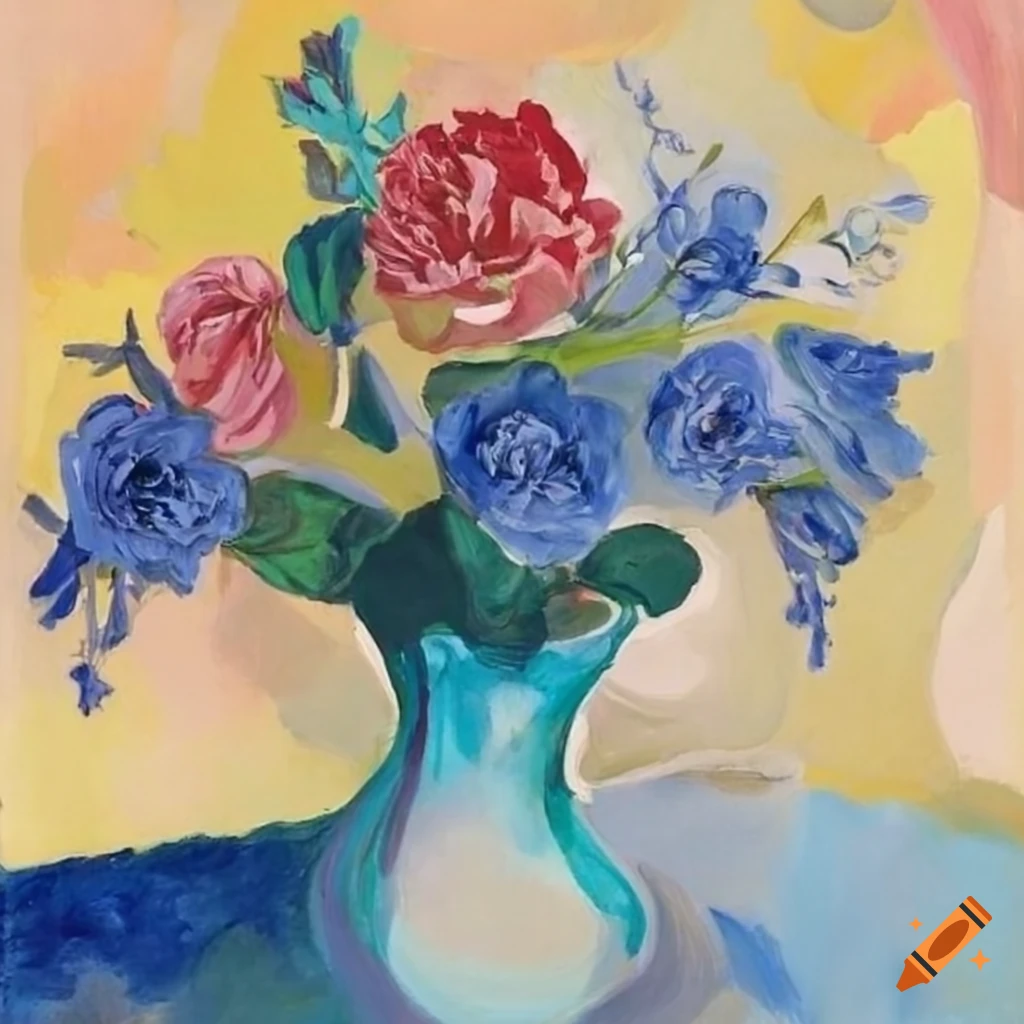 Pablo Picasso-style drawing of a vase with delphiniums, peonies, iris ...