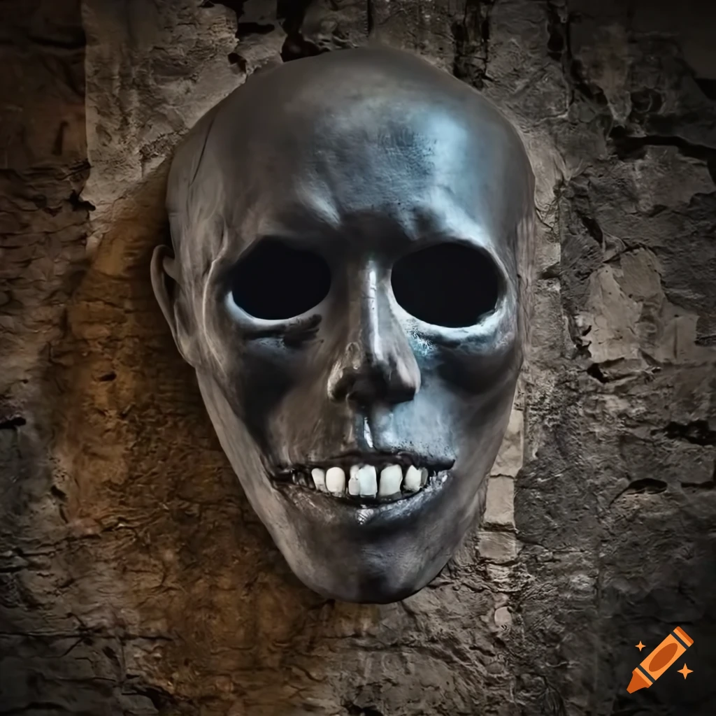 Detailed photograph of a Black Death mask on ancient wall on Craiyon