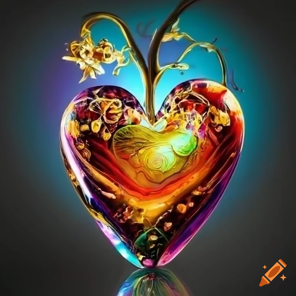 Ultra-realistic glass heart with the name "Arjen" and flowers inside on ...