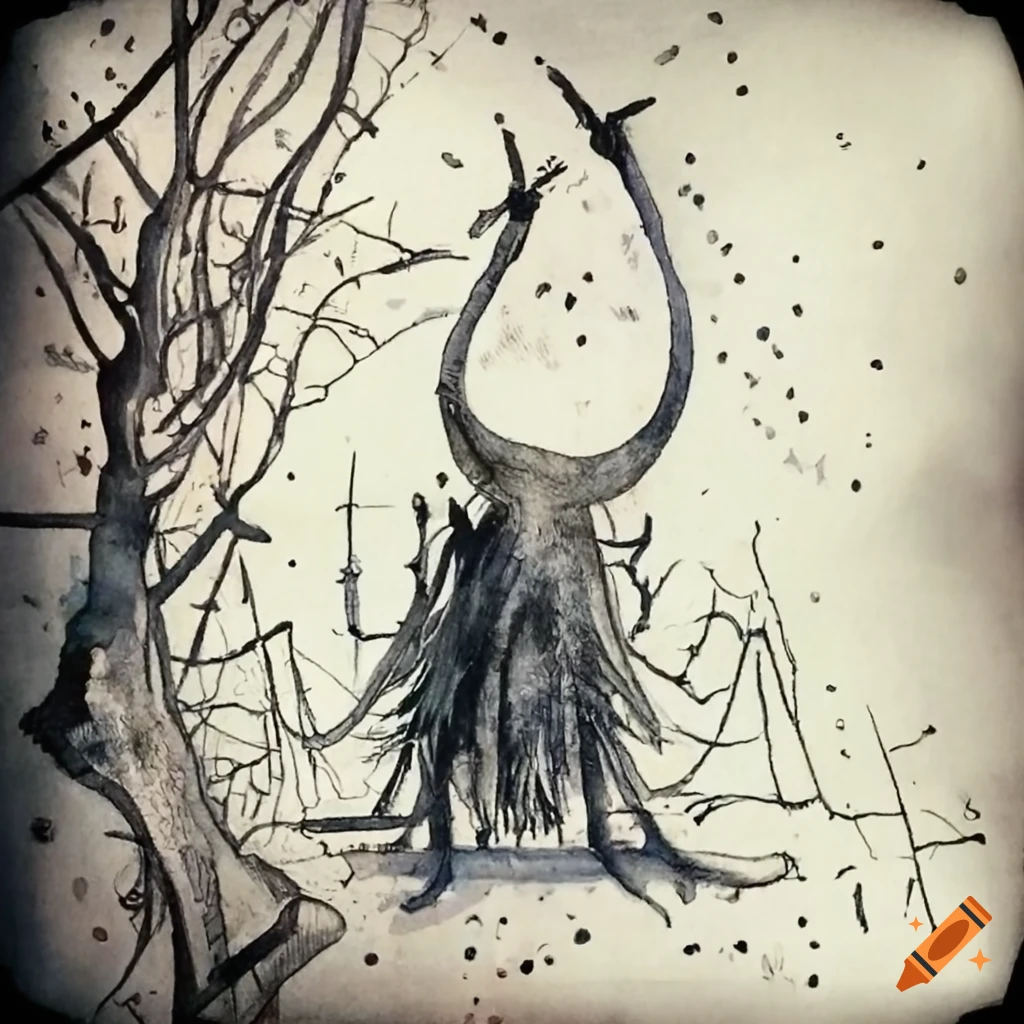 Haunting drawing of a monstrous creature destroying a city on Craiyon