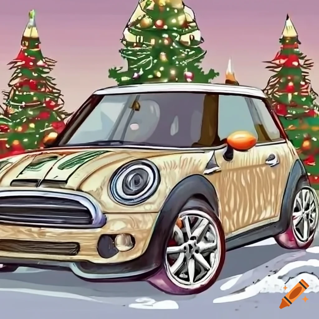 Mini cooper parked in front of a christmas tree