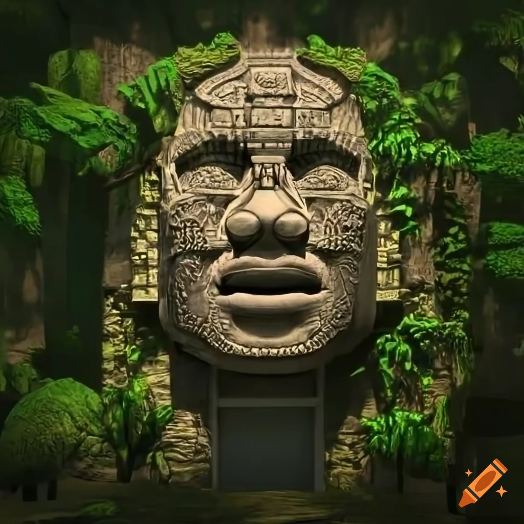 3D rendering of a stone Aztec head in a jungle on Craiyon
