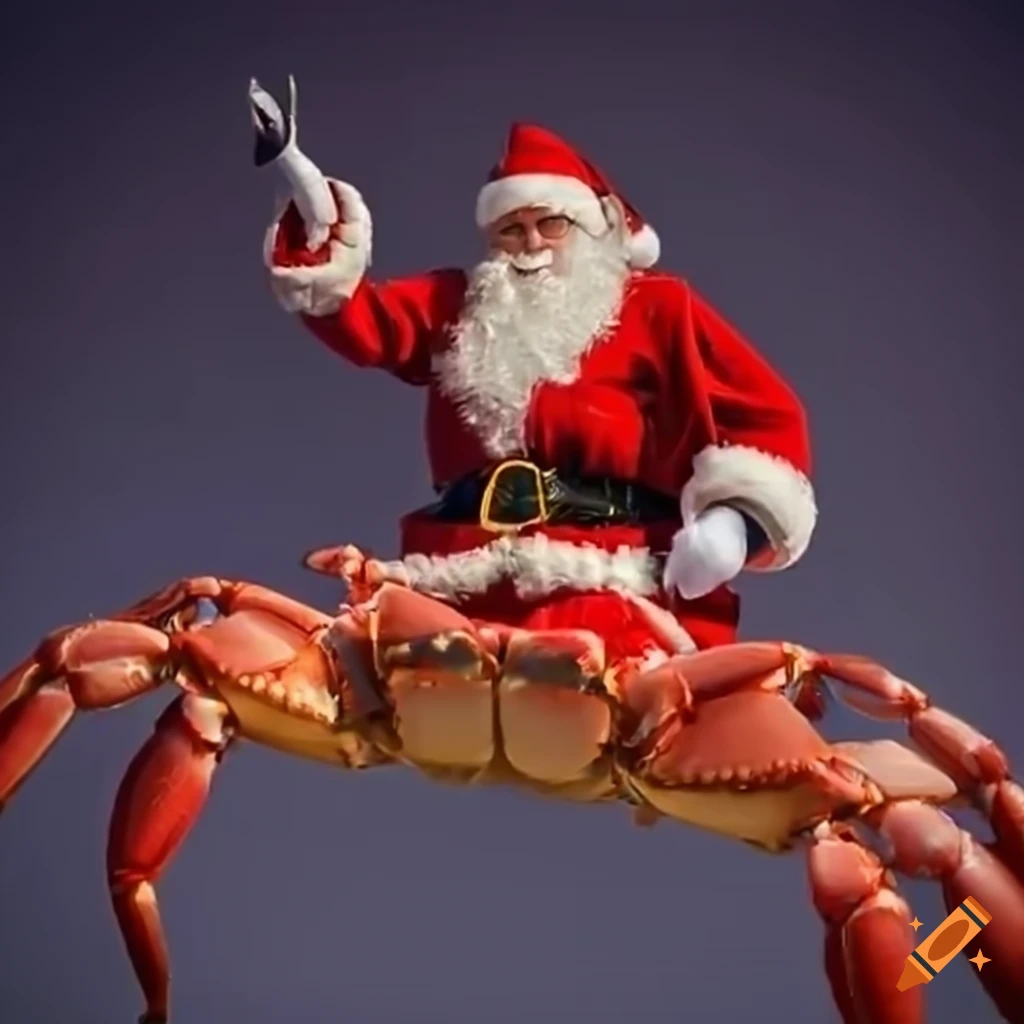 Artistic depiction of santa riding a giant crab