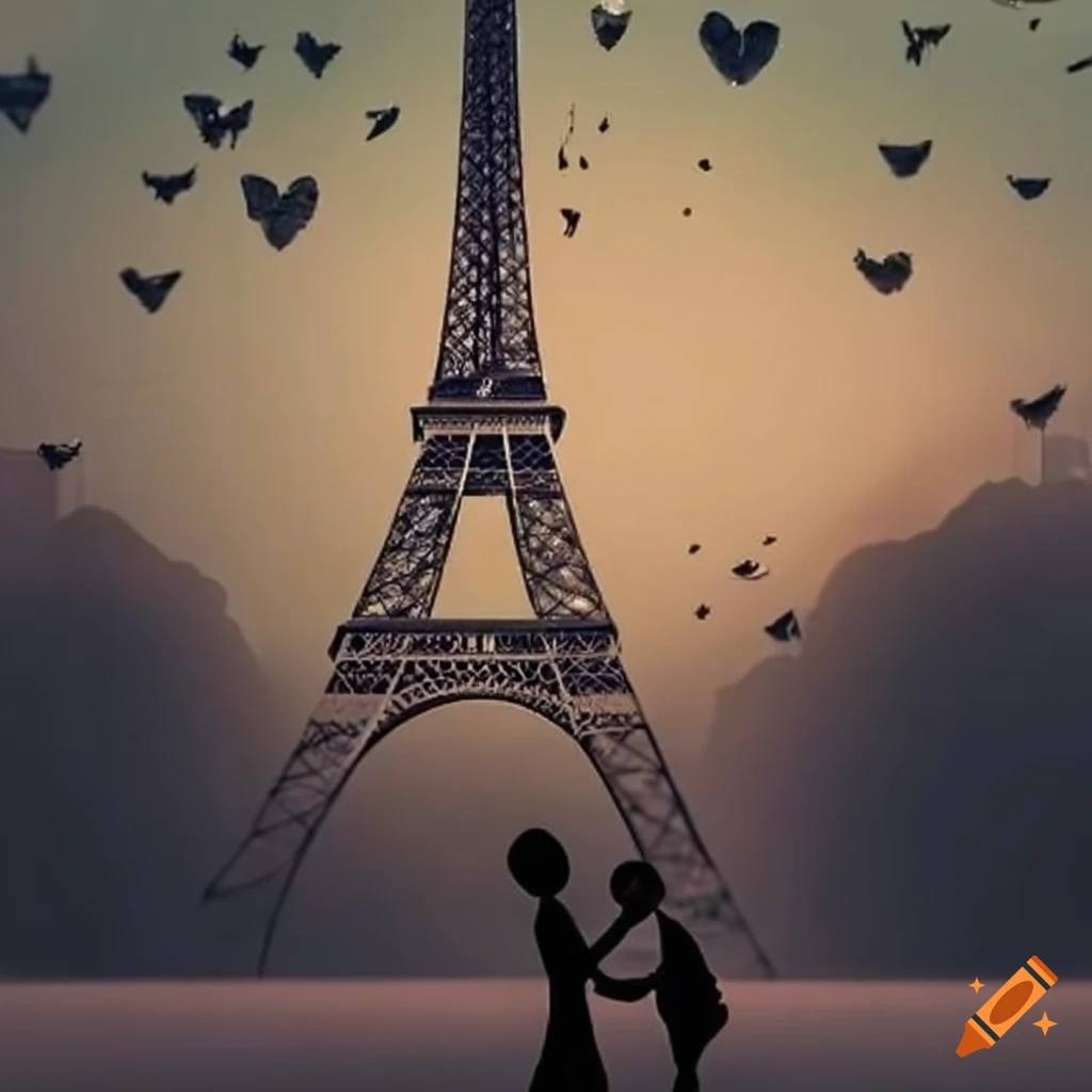 Romantic stick figure proposing in front of the eiffel tower