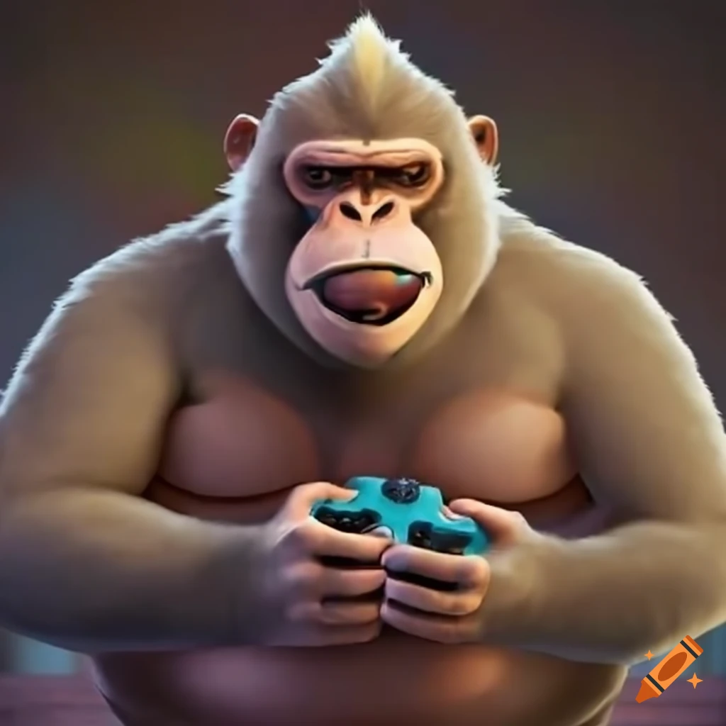 Ape with mohawk playing video games