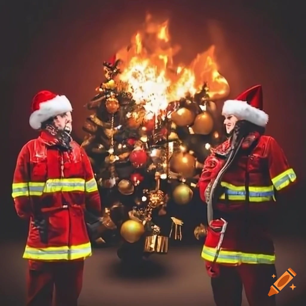 Christmas celebration with firefighters and decorations