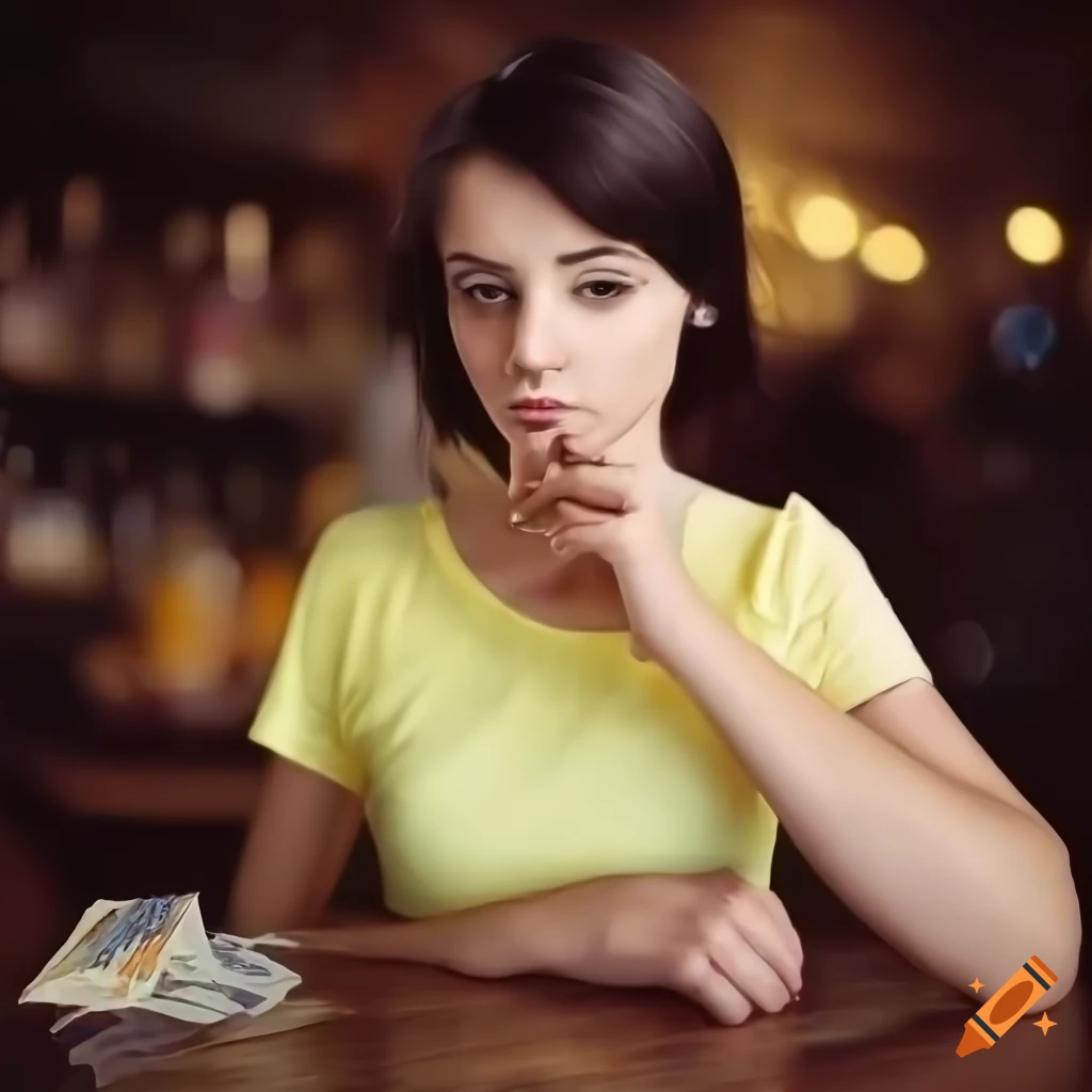 Photo of a young woman in a bar holding money on Craiyon