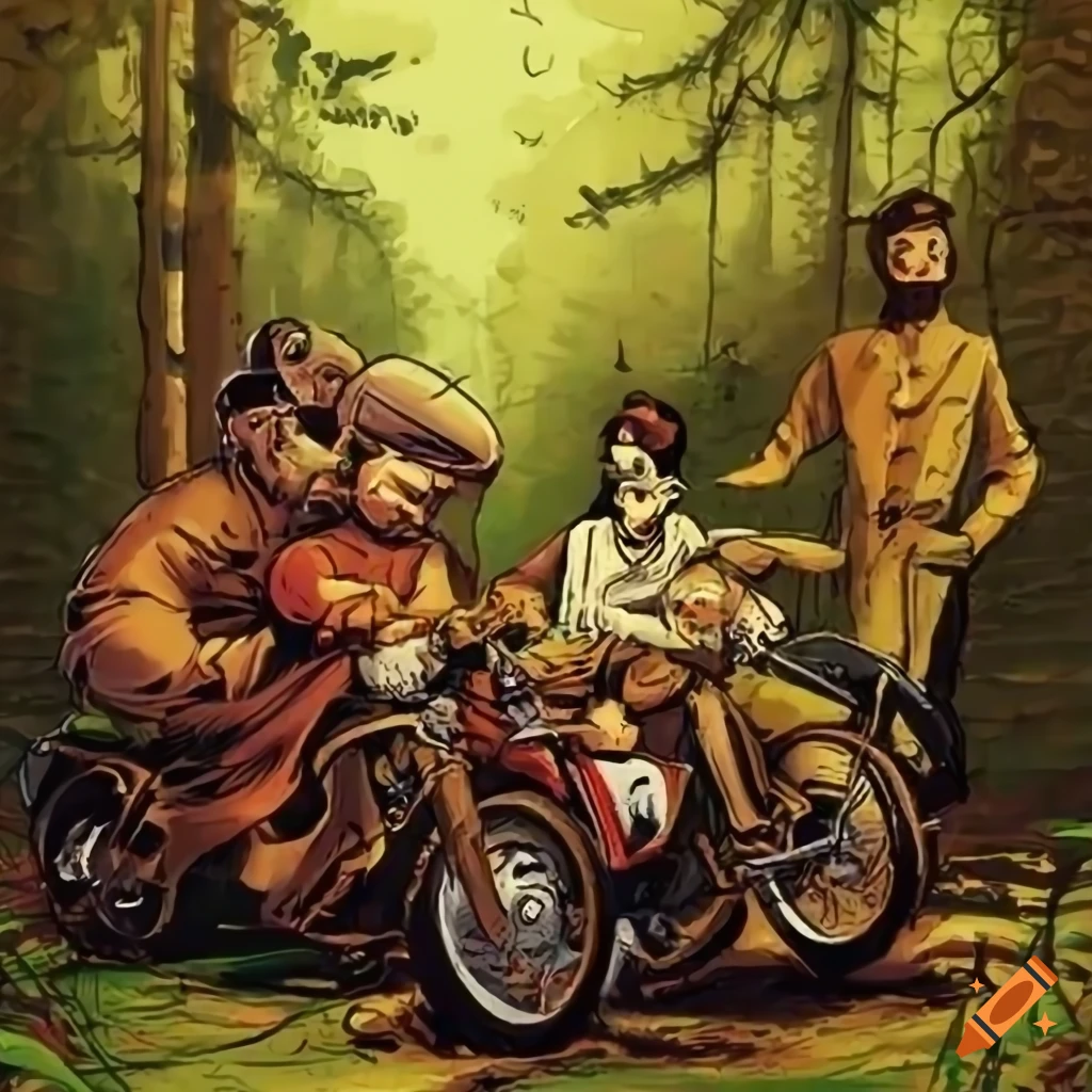 Vintage comic illustration of motorcycle riders in the forest