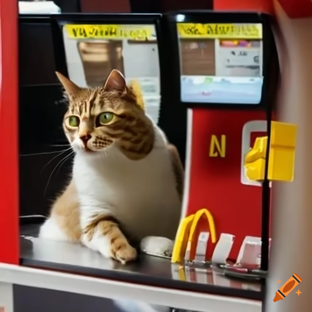 Humorous image of a cat working at mcdonald's