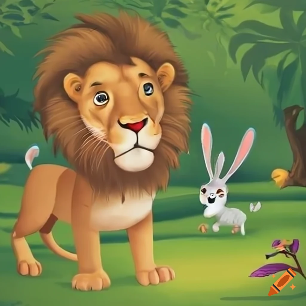 Illustration of a lion and rabbit playing in the jungle on Craiyon