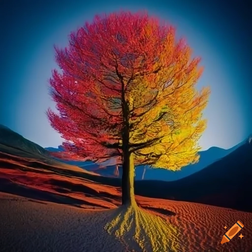 Inverted colored tree in the mountains