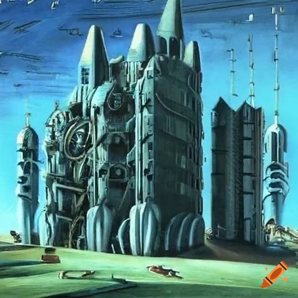 Detail of a science fiction artwork with towers and a v12 engine on Craiyon
