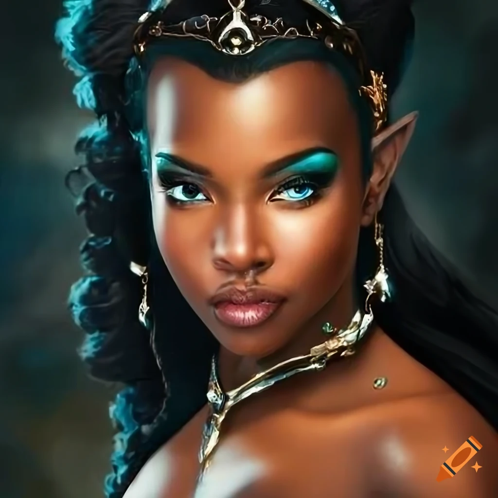 Close up portrait of an african american elven princess on Craiyon