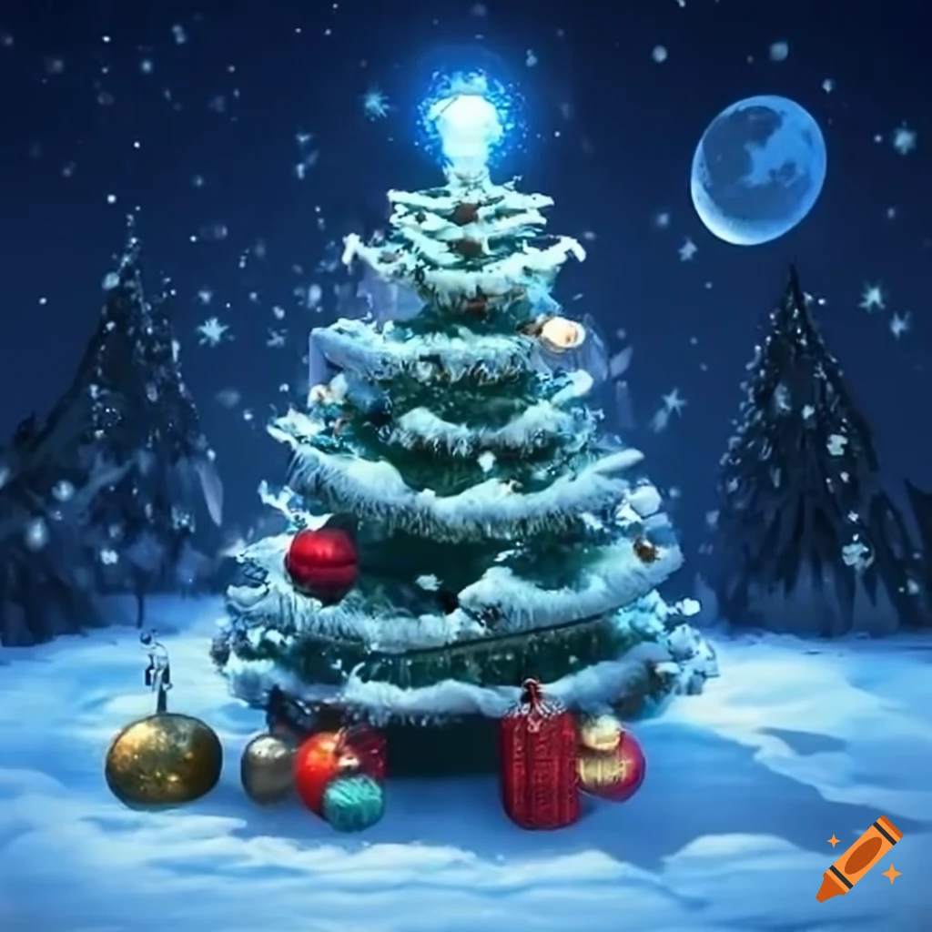 Festive christmas tree with toys under a snowy night sky on Craiyon